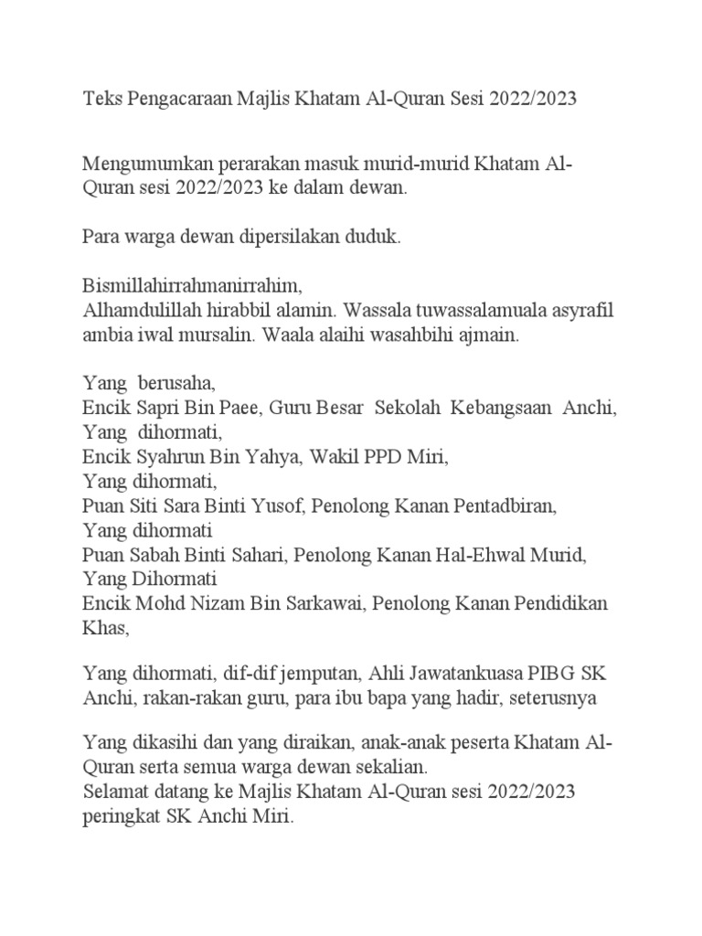 Teks Emcee Khatam AlQuran 2023 | PDF