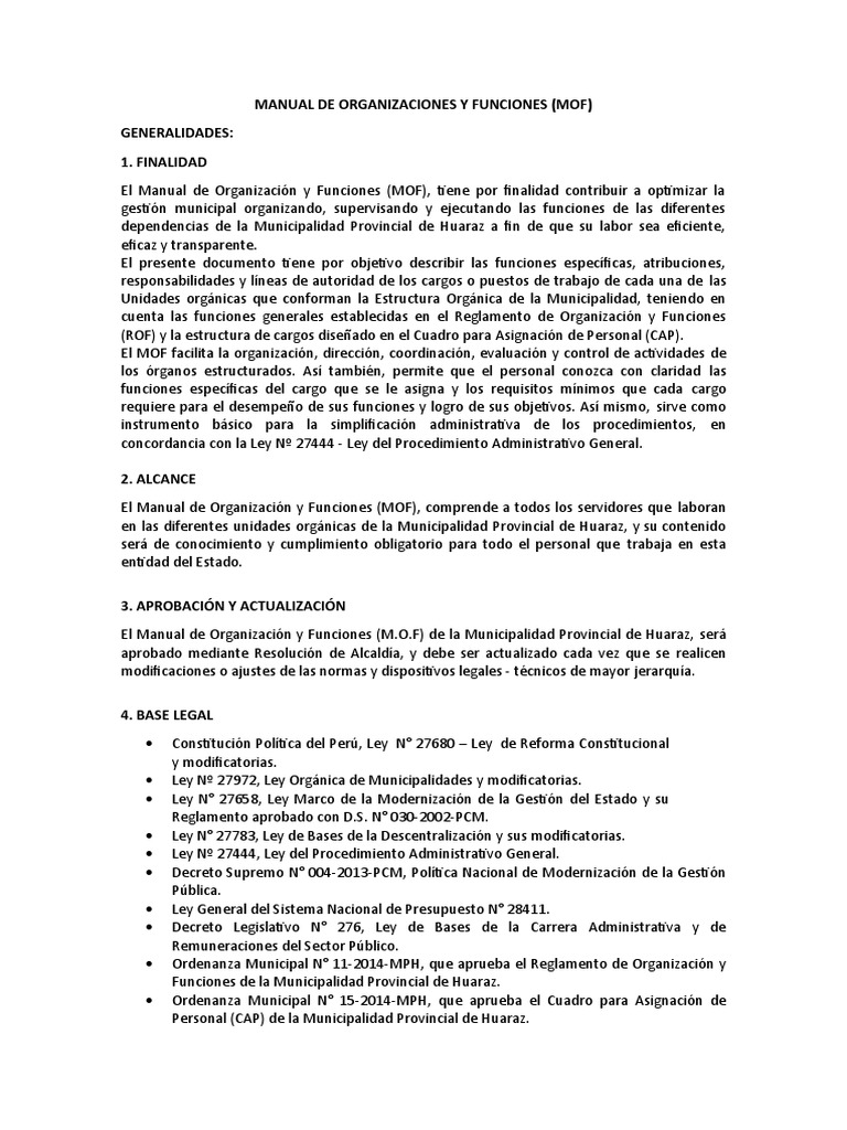 Manual de Organizaciones y Funciones (Mof) | PDF | Gobierno local | Alcalde