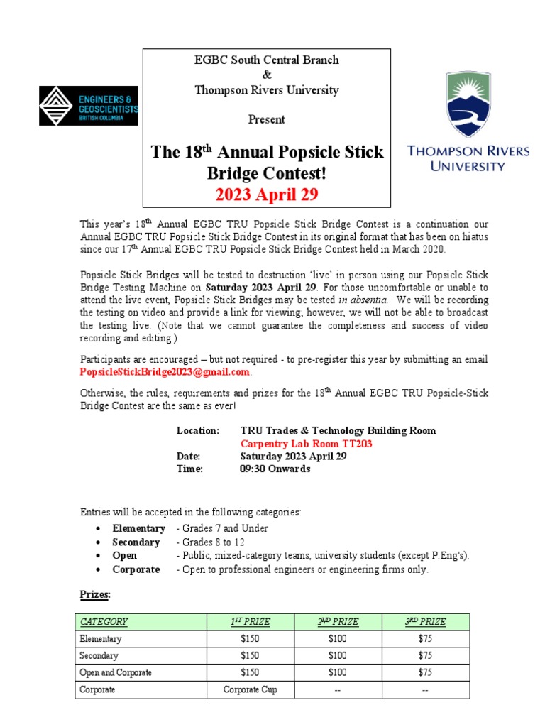 Egbc Tru Popsicle Stick Bridge Contest 2023 | PDF | Bridge