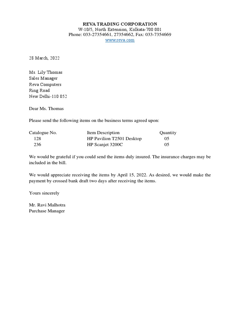 Placing An Order Letter | PDF