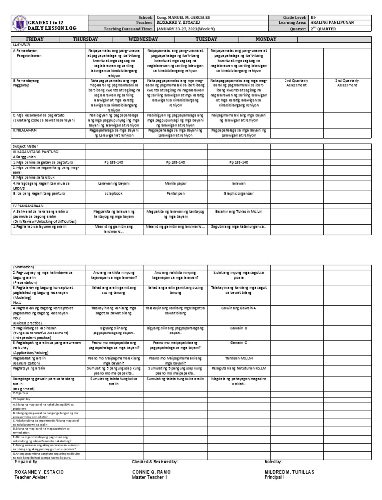 DLL - Araling Panlipunan 3 - Q2 - W9 | PDF