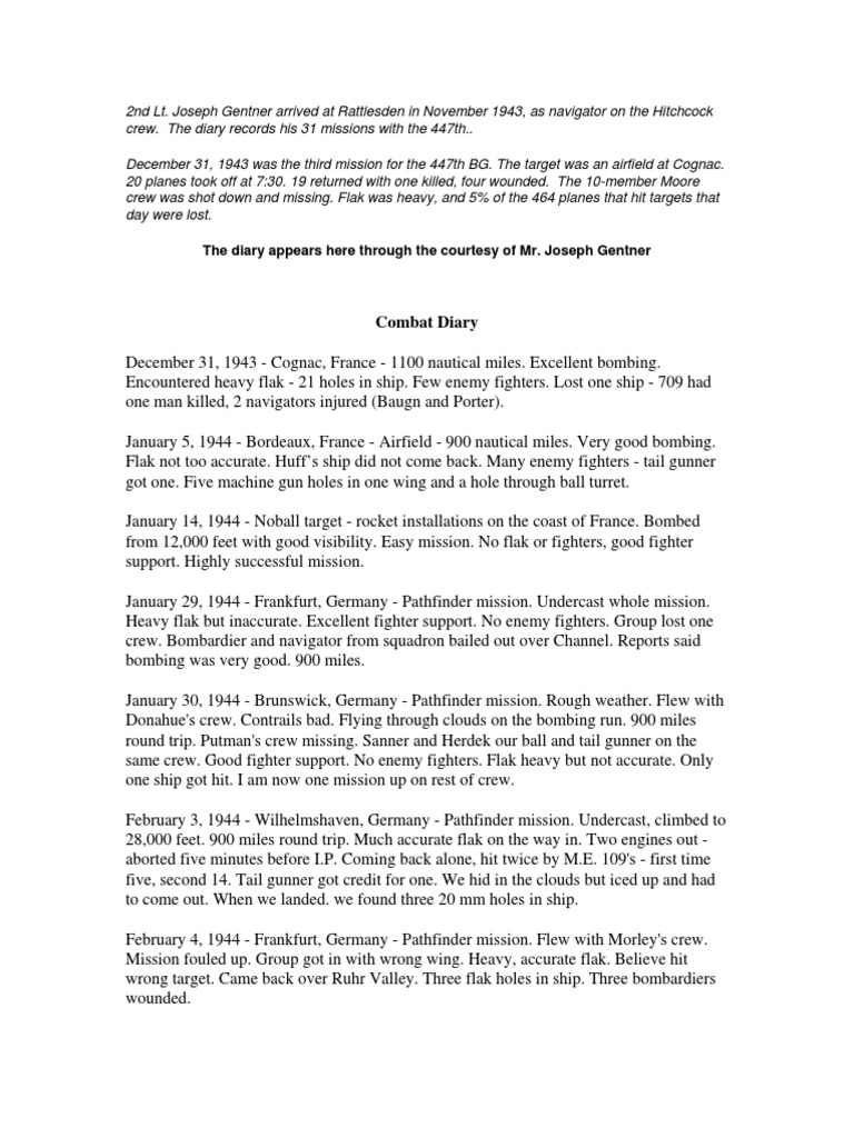 Combat Diary of a B-17 Navigator: Joseph Gentner's 31 Missions with the ...