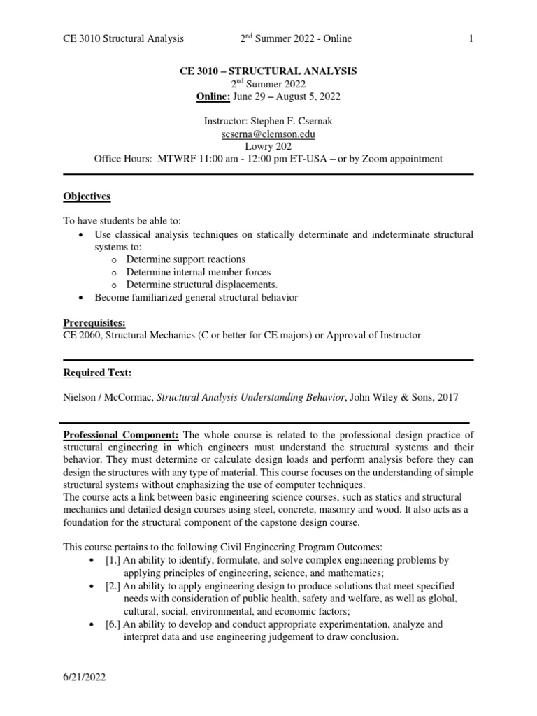 CE 3010 Syllabus - Summer 2022 | PDF | Title Ix | Structural Analysis