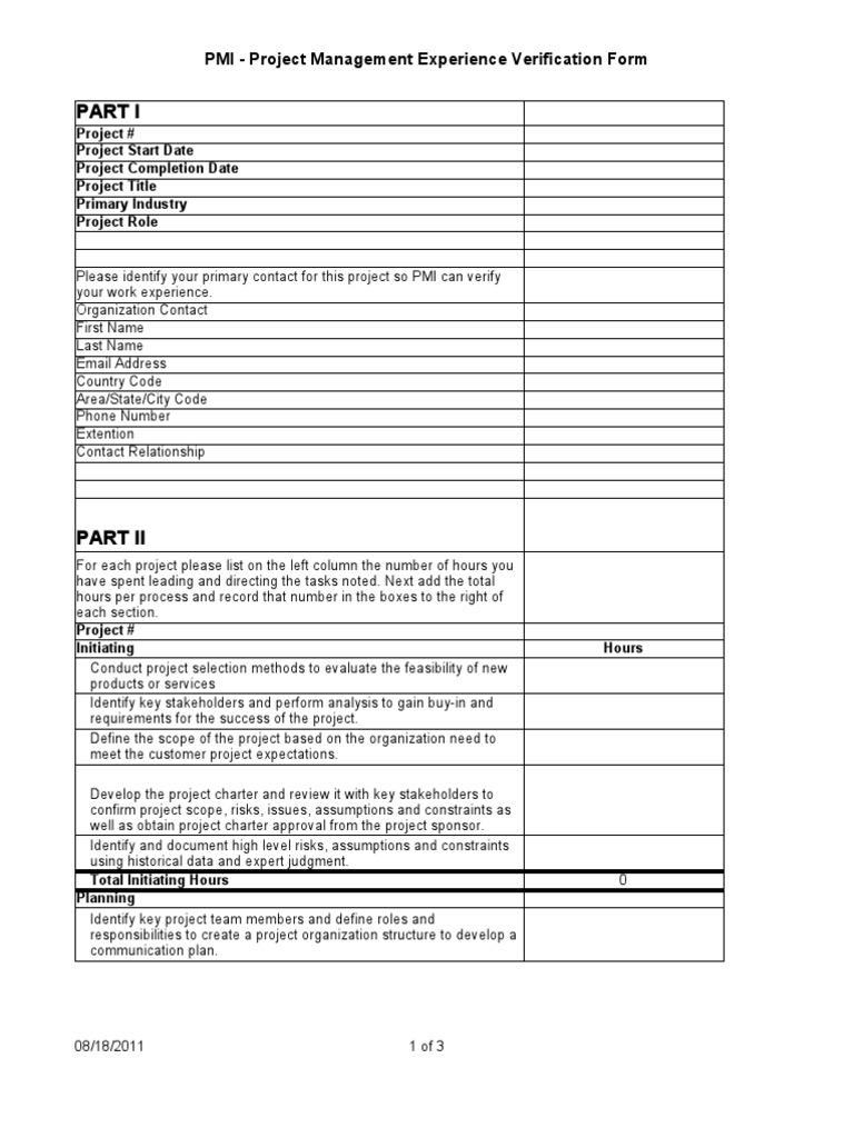 PMI Verification Form Template) | Project Management | Production And ...
