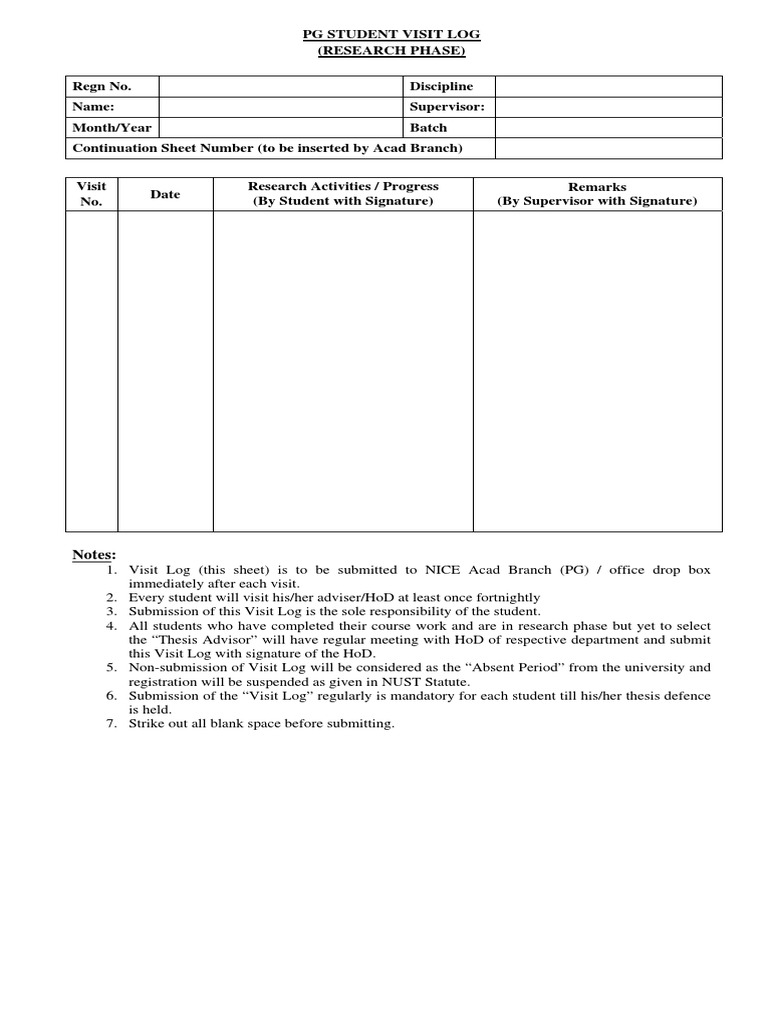 PG Student Visit Log Template | PDF