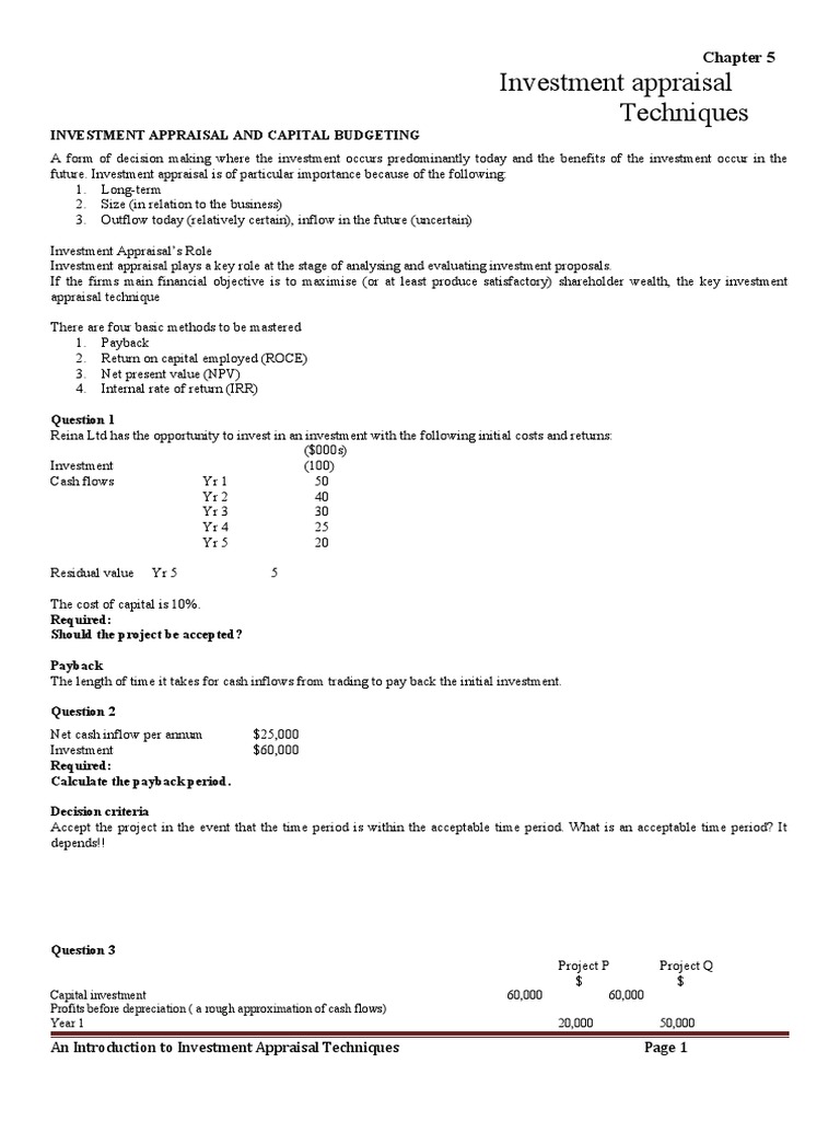 Chapter 2. An Introduction Investment Appraisal Techniques | PDF ...