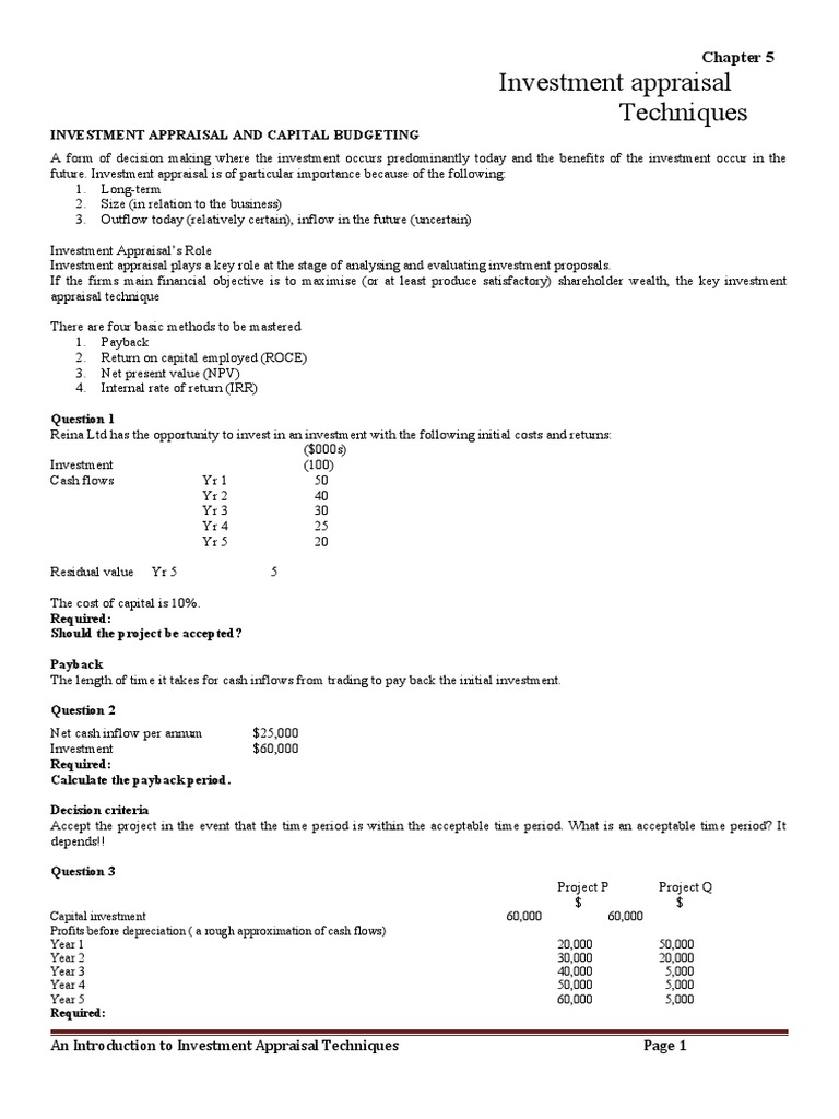 Chapter 5. An Introduction Investment Appraisal Techniques | PDF ...
