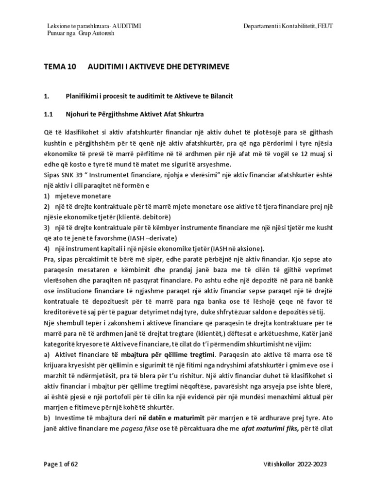 TEMA 10, 11, 12 Auditimi I Aktiveve, Detyrimeve, Blerjeve Dhe Shitjeve ...