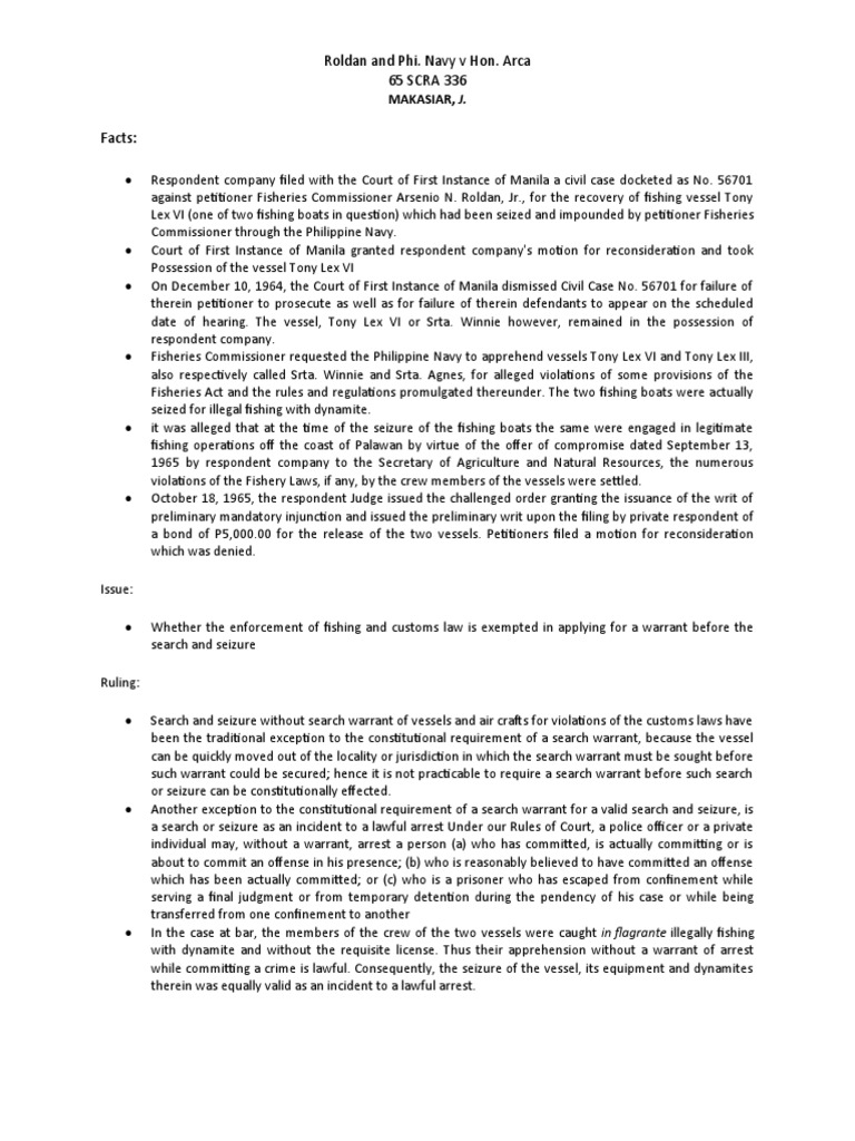 Case Digest of Roldan and Phi. Navy V Hon. Arca 65 SCRA 336 | PDF | Search And Seizure | Search ...