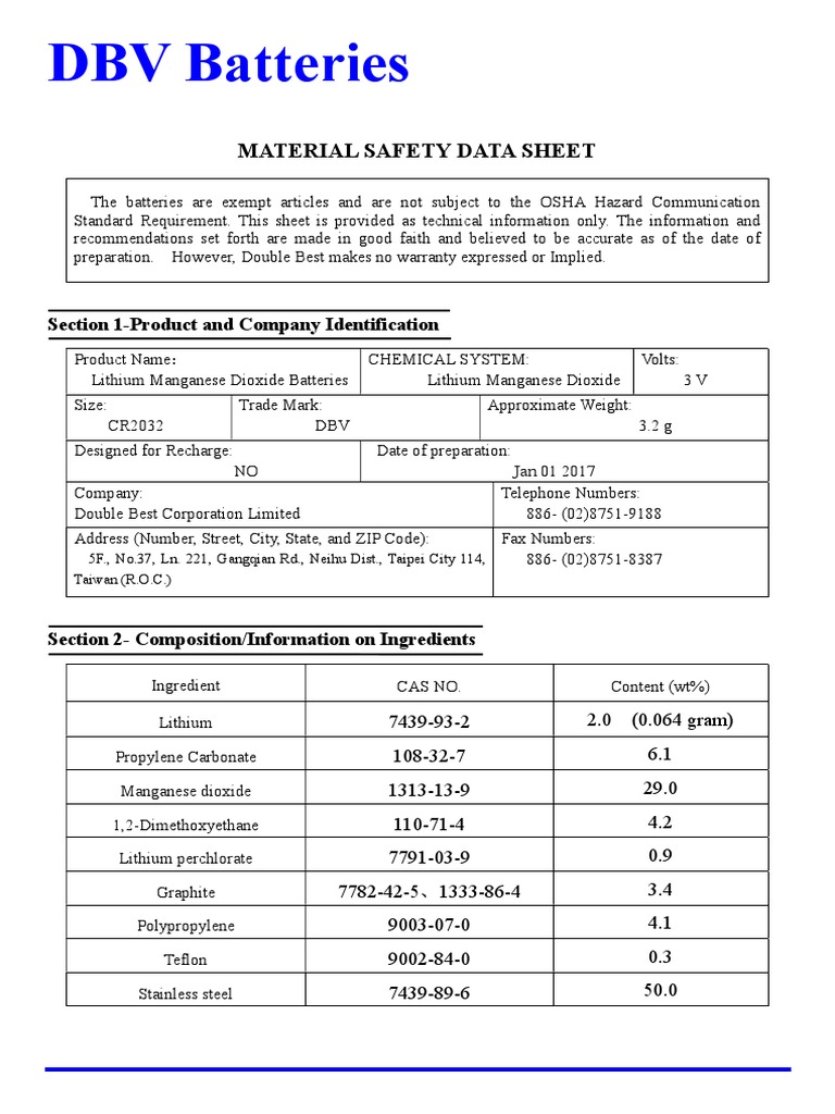 MSDS CR2032 DBV 2017 | PDF | Water | Dangerous Goods