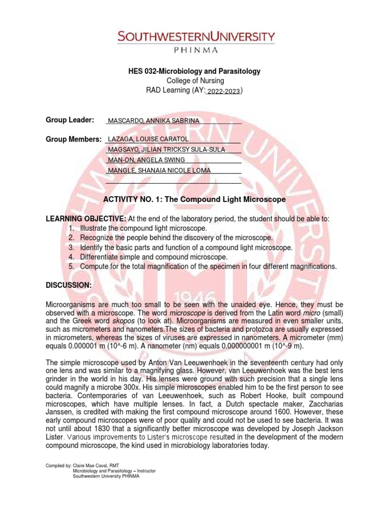 Laboratory Activity 1 Pdf Microscope Angular Resolution 1654