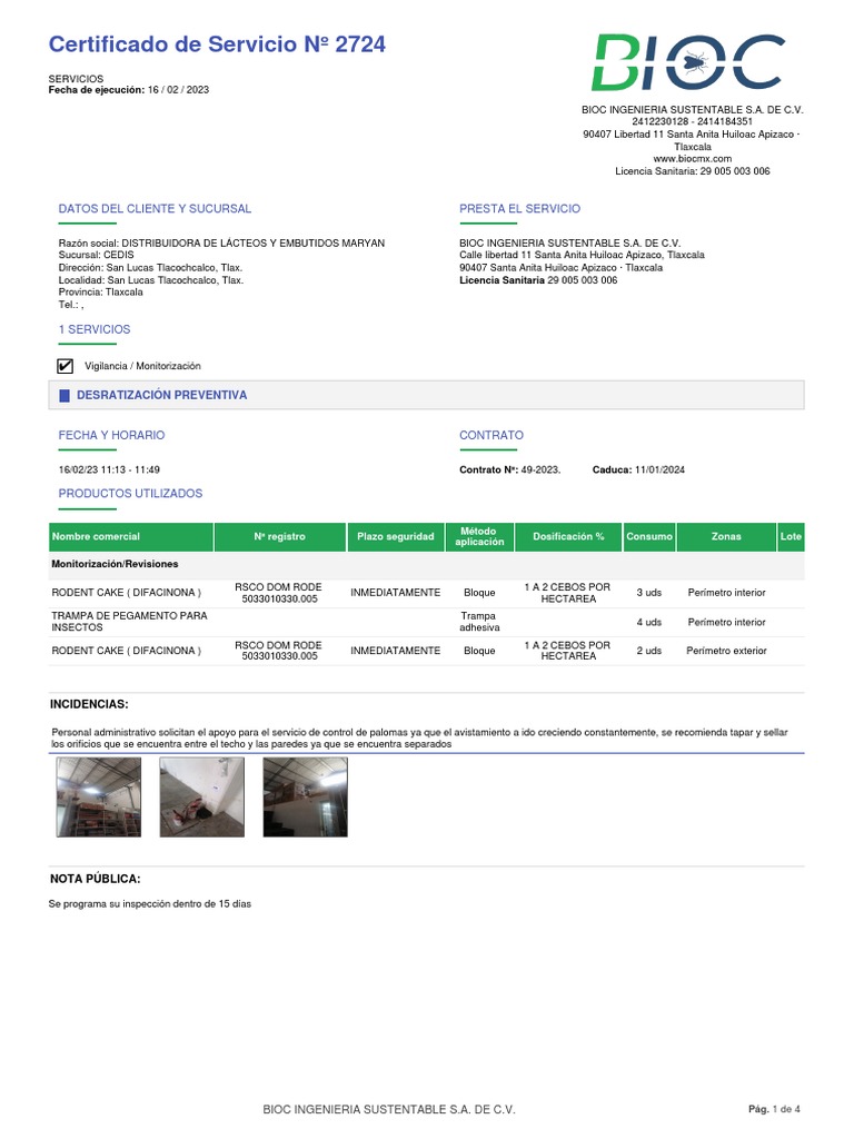 Certificado de Servicio CEDIS 2724 | PDF