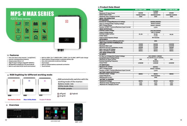 Product Data Sheet for the MPS-V MAX Series Hybrid Solar Inverters with Details on Model ...