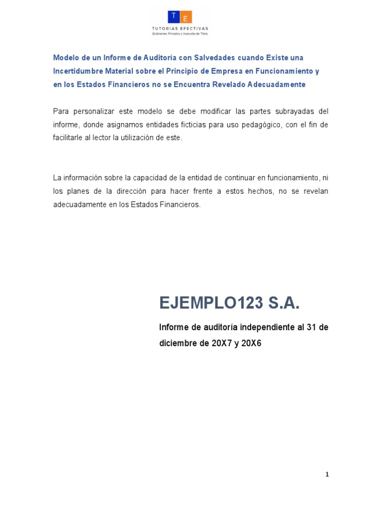 4 - Informe de Auditoria Con Salvedades Cuando Existe Una Incertidumbre Material (NIA570) | PDF ...