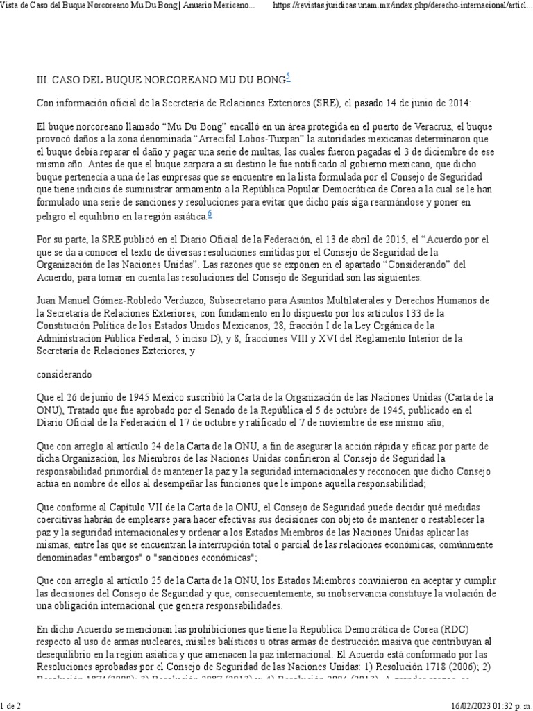 Vista de Caso Del Buque Norcoreano Mu Du Bong Anuario Mexicano de ...