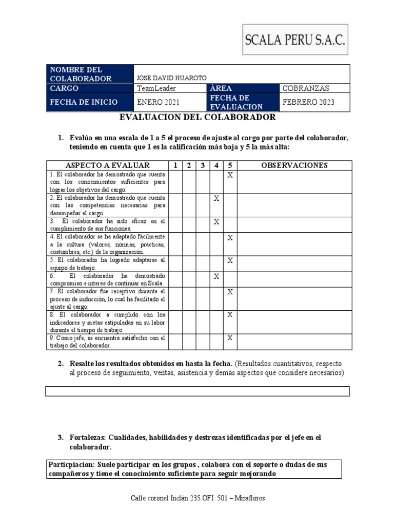 Evaluación Del Colaborador José Huaroto | PDF | Evaluación