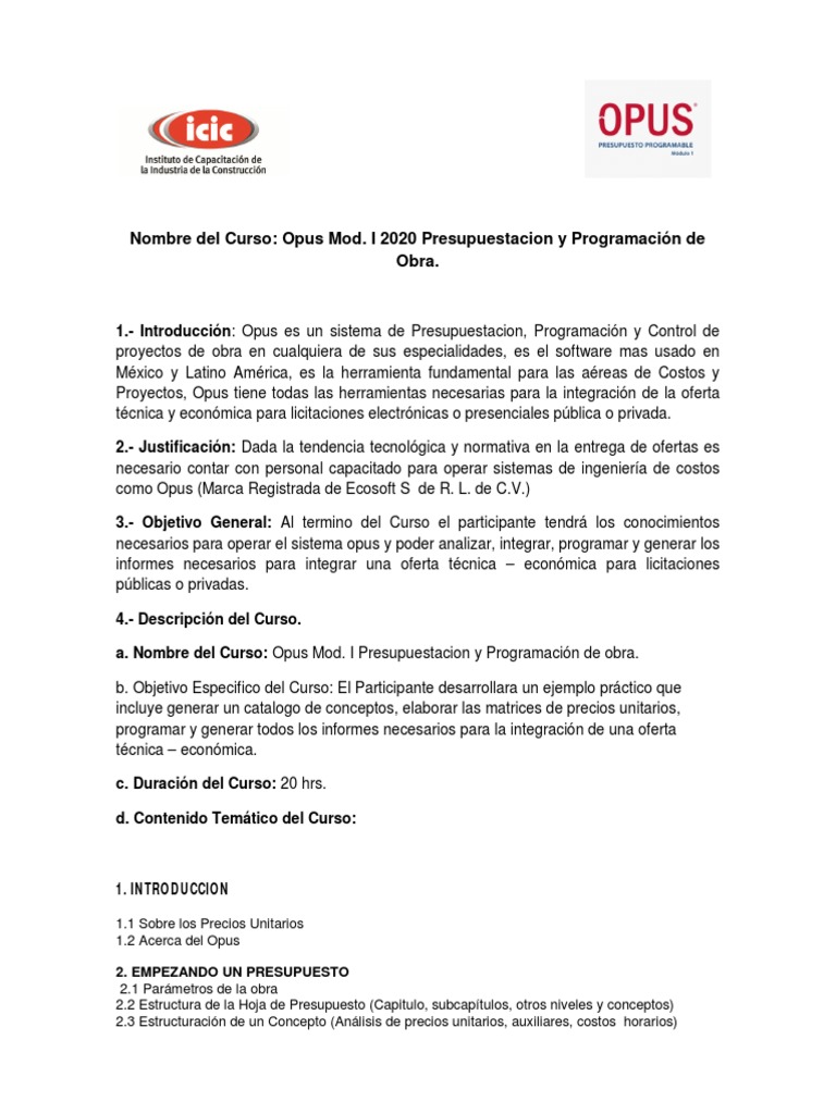 Curso Opus Mod. I: Presupuestación y Programación | PDF | Presupuesto