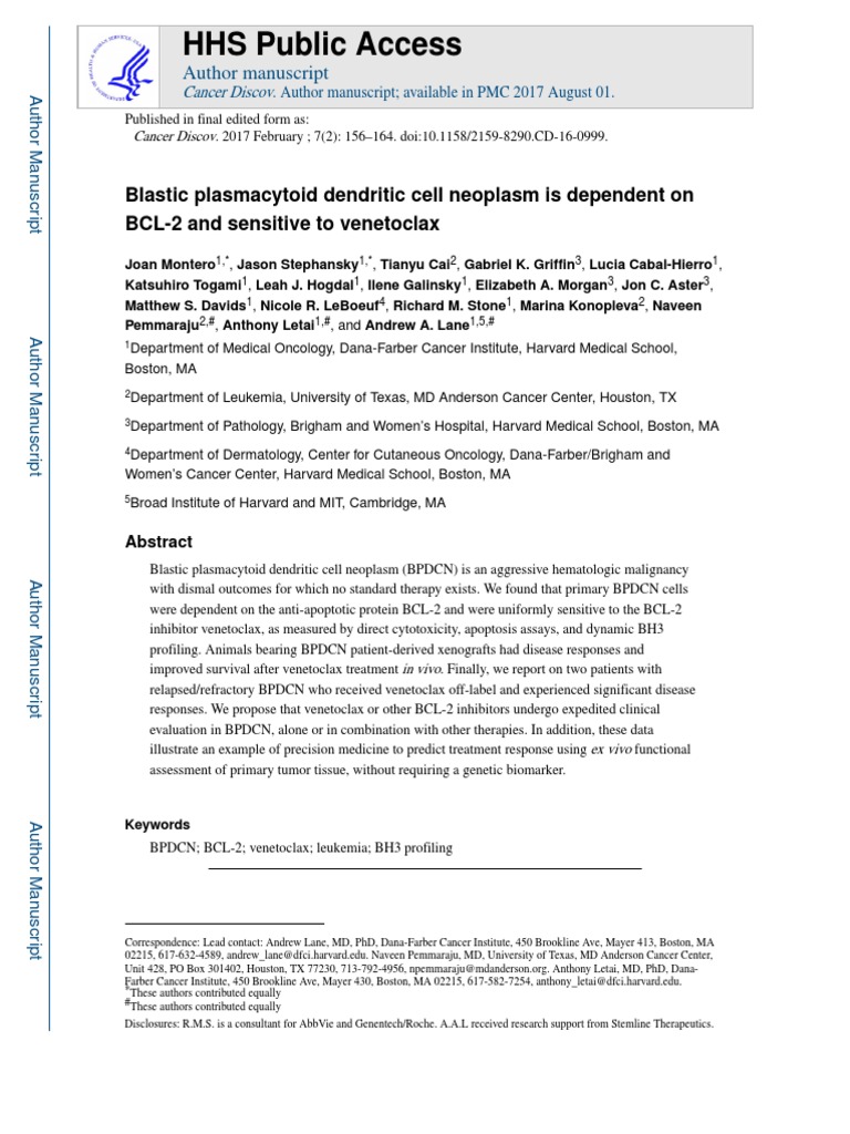 Blastic Plasmacytoid Dendritic Cell Neoplasm Is Deoendent On BCL-2 and ...