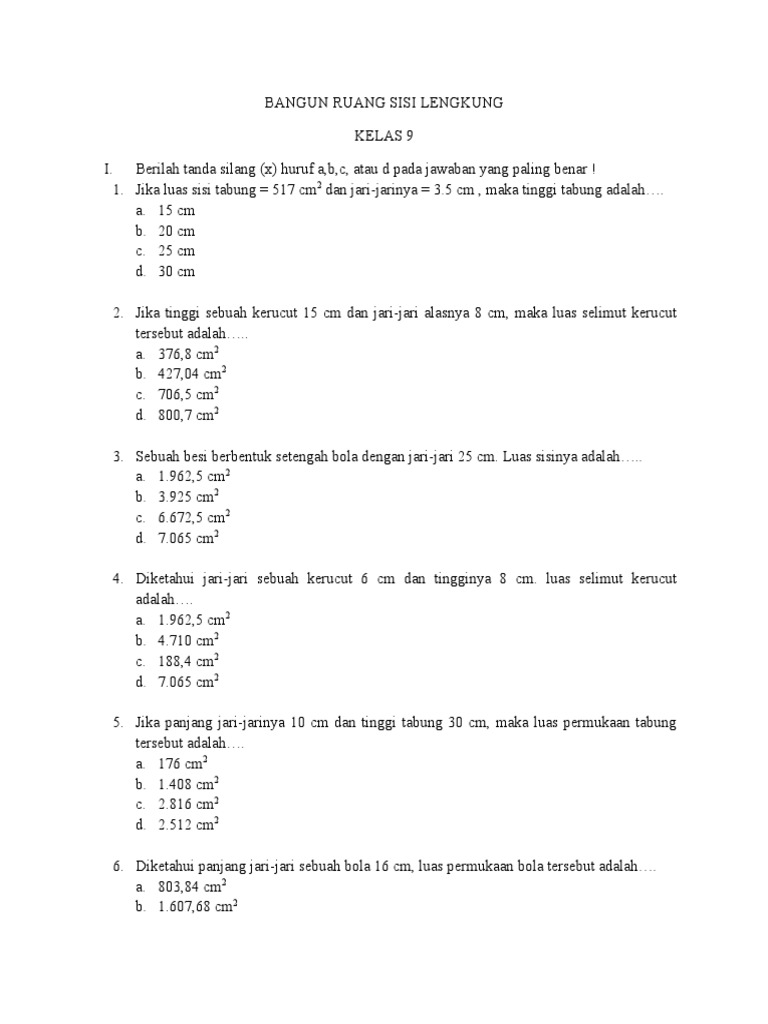 9.2. Latihan Soal Matematika Bangun Ruang Sisi Lengkung Kelas 9 SMP | PDF