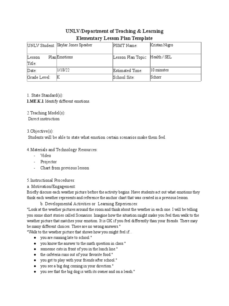 Emotions Lesson Plan for K Students | PDF | Behaviorism | Behavior ...