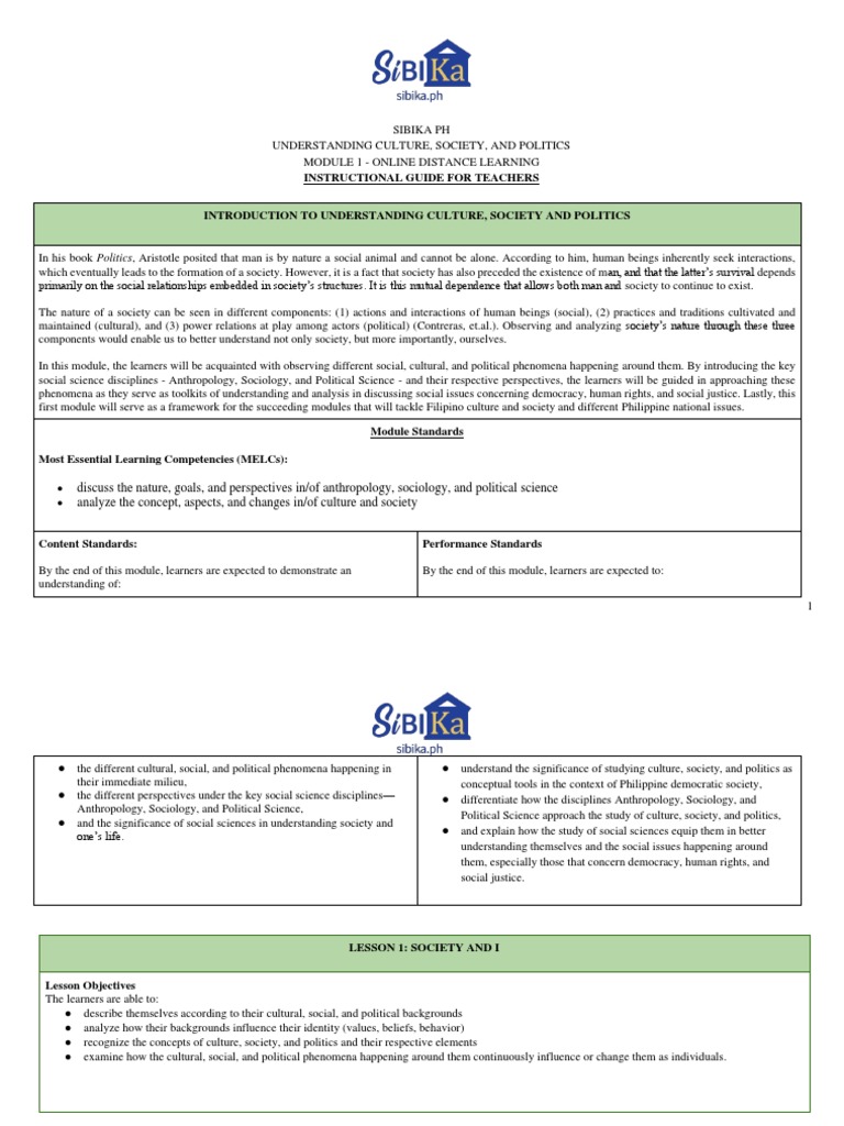 Sibika - PH UCSP Module 1 Introduction To Understanding Society Culture ...