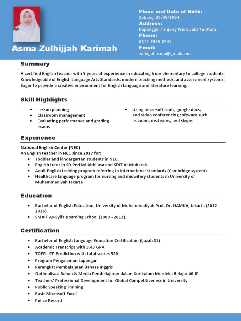 CV of Asma Zulhijjah Karimah | PDF