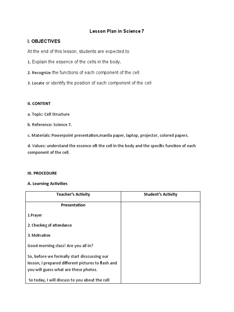 Science 7: Cell Structure Lesson Plan | PDF | Cell (Biology) | Cytoplasm