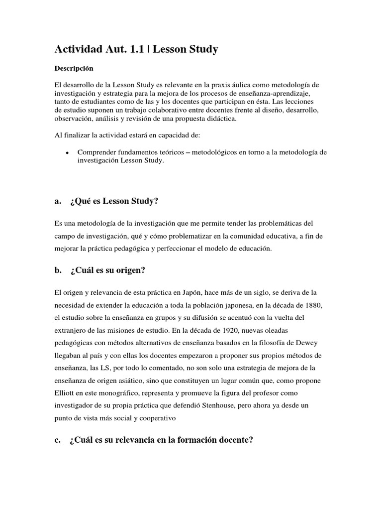 Actividad Aut. 1.1 Lesson Study | PDF | Enseñando | Evaluación
