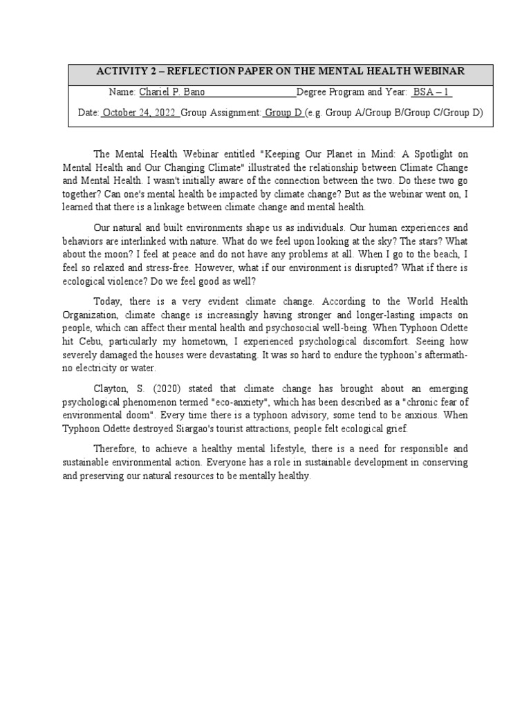 Reflection Paper On Mental Health Webinar | PDF | Mental Health ...