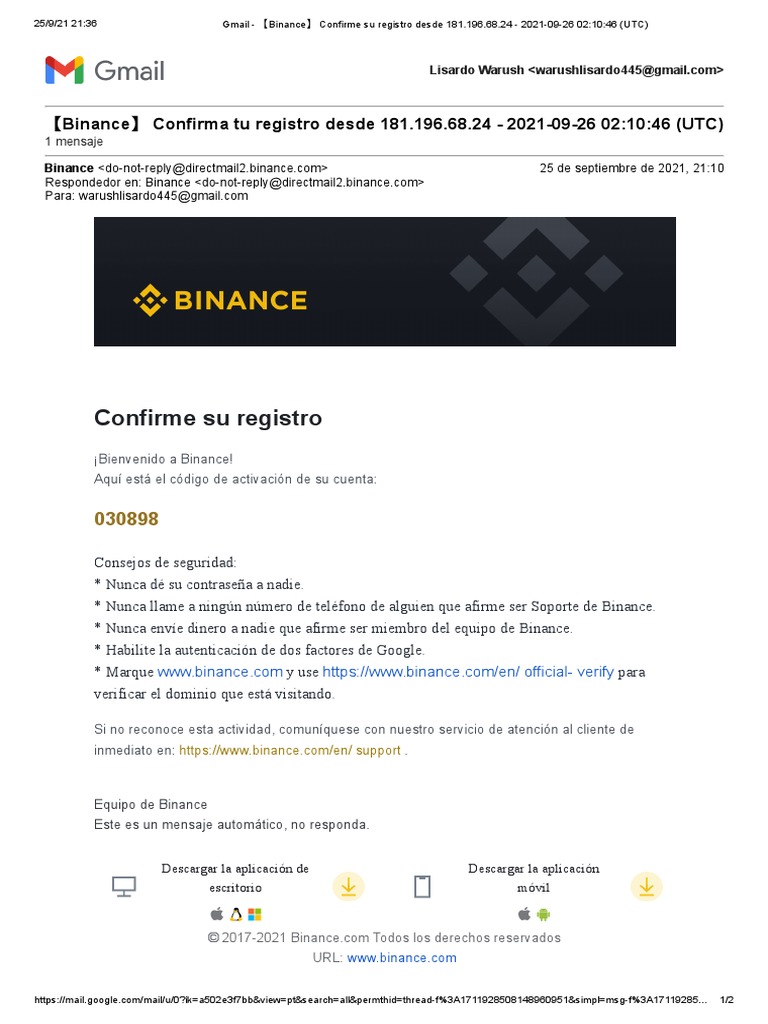 Gmail - 【Binance】 Confirme Su Registro Desde 181.196.68.24 - 2021-09-26 ...
