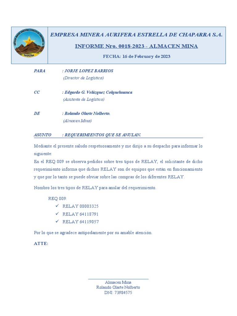 INFORME 020 - Anulacion Del REQ 9 | PDF | Negocios