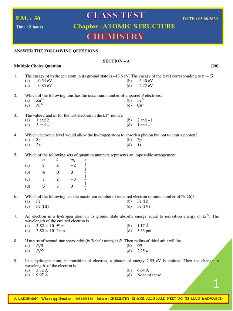 Atomic Structure Class Test Questions | PDF | Electron | Atoms