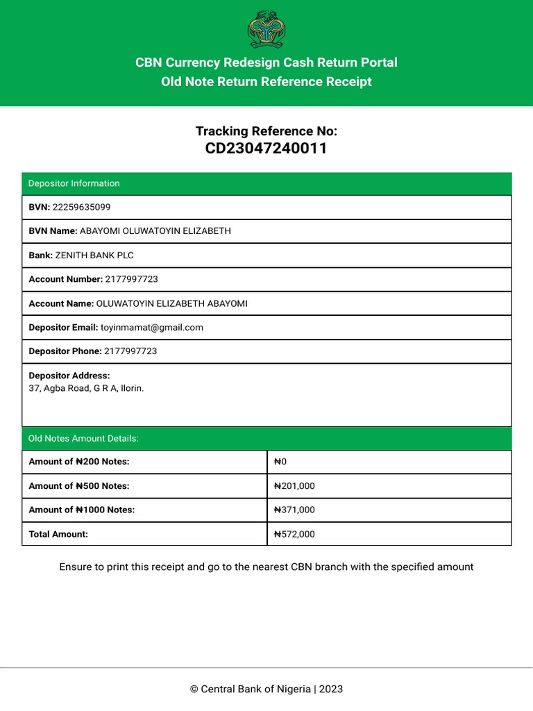CBN Currency Redesign Receipt | PDF | Finance & Money Management