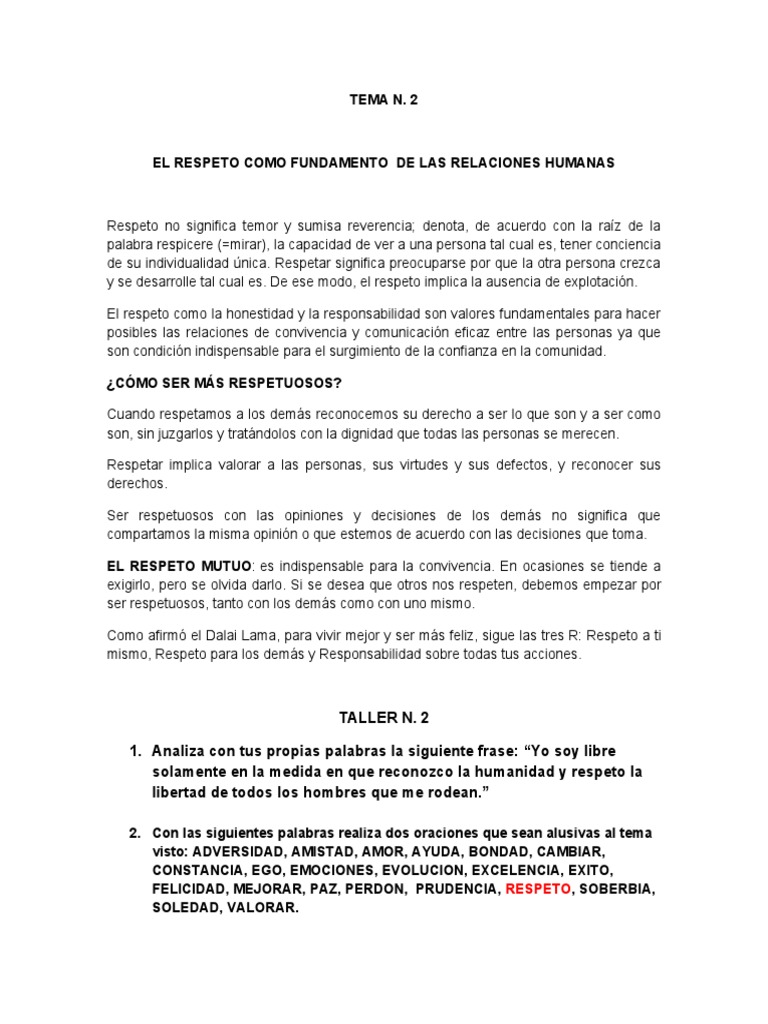 Tema n.2 El Respeto Como Fundamento de Las Relaciones Humanas | PDF ...