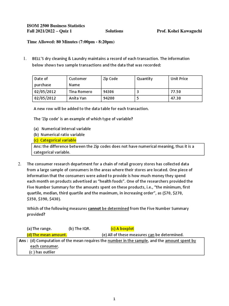 ISOM2700 FA21 - Quiz - 1 - Sol - Ch1 - Ch7 | PDF | Standard Deviation | Statistics