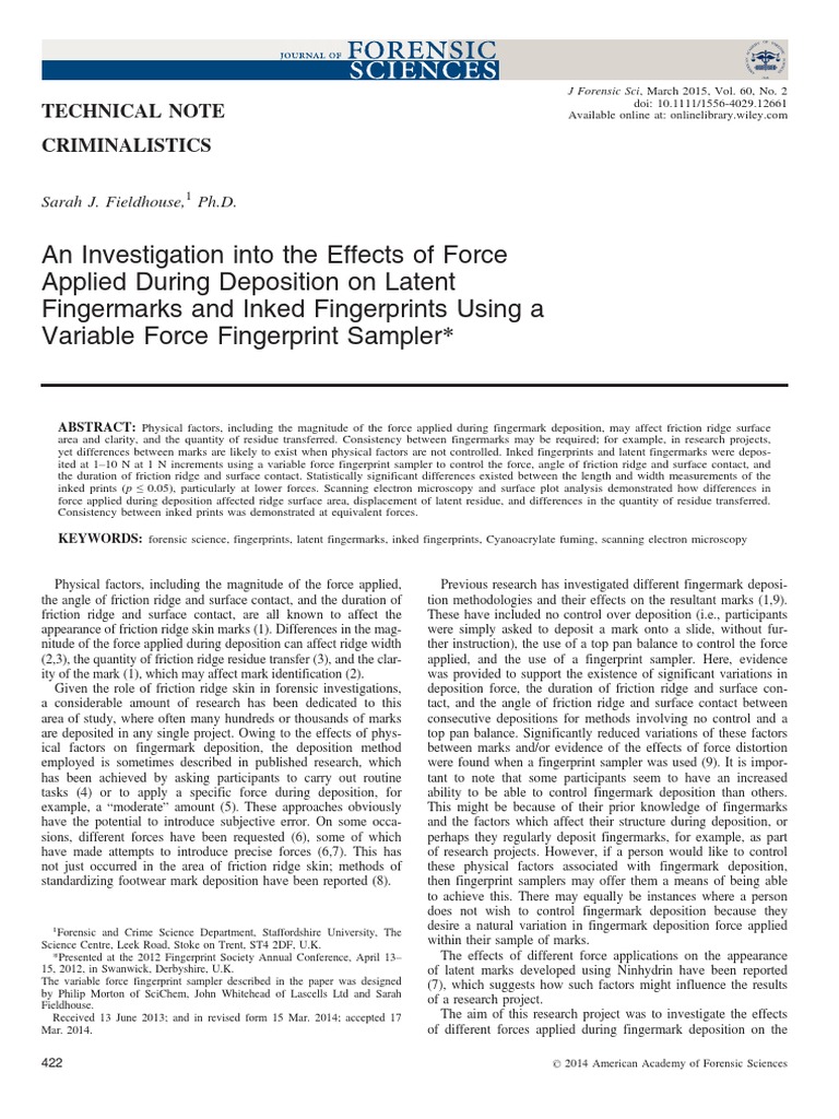 Fieldhouse-2015-Journal of Forensic Sciences | PDF | Fingerprint | Force