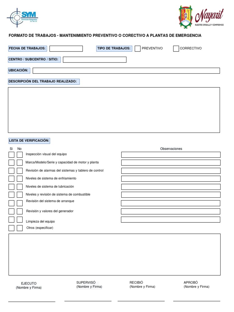 Formato de Mantenimiento Preventivo o Correctivo A PLANTAS EMERGENCIA | PDF Formato de Mantenimiento Preventivo o Correctivo A PLANTAS EMERGENCIA | PDF