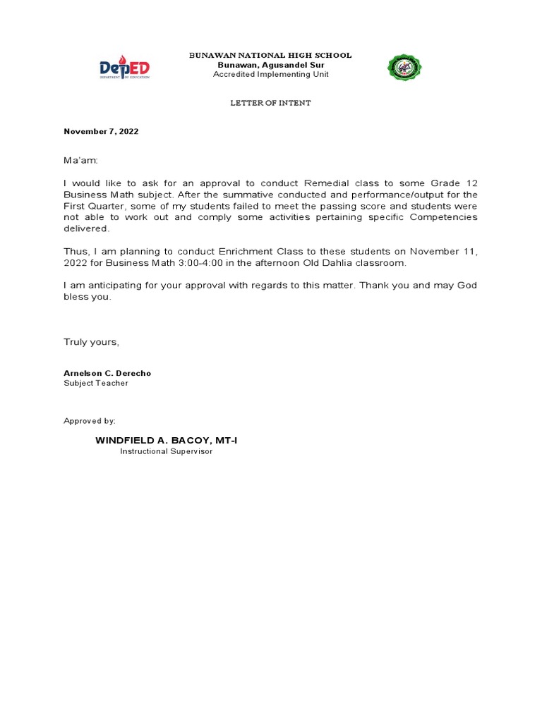 Letter of Intent For Remedial IS | PDF