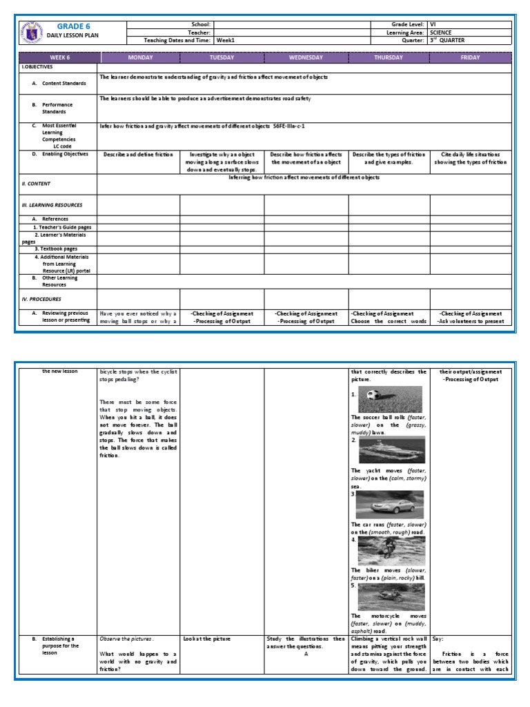 Science6 DLP Q3 W1 | PDF | Friction | Force