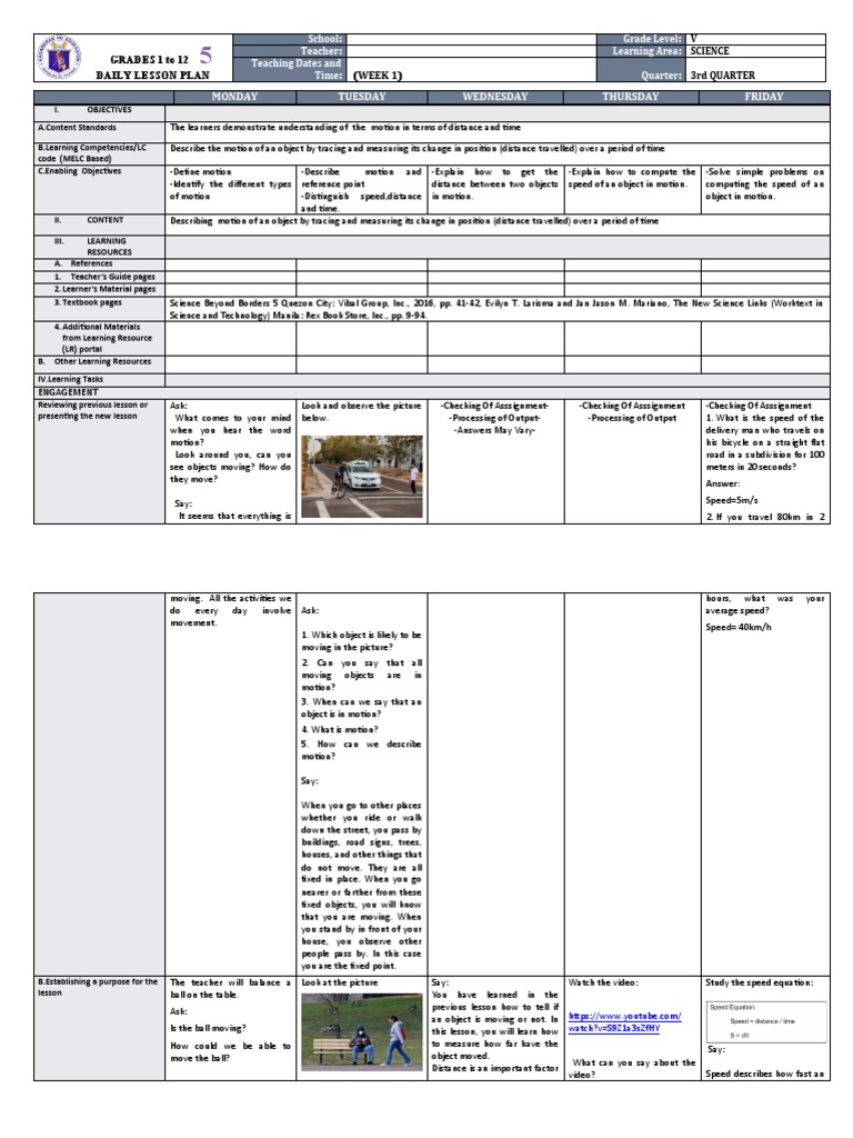 Science5 DLP Q3 W1 | PDF | Speed | Time
