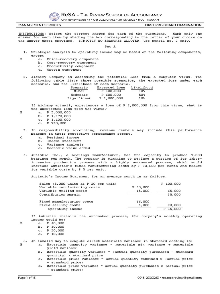 ReSA B44 MS First PB Exam Questions Answers - Solutions | PDF | Cost Of ...