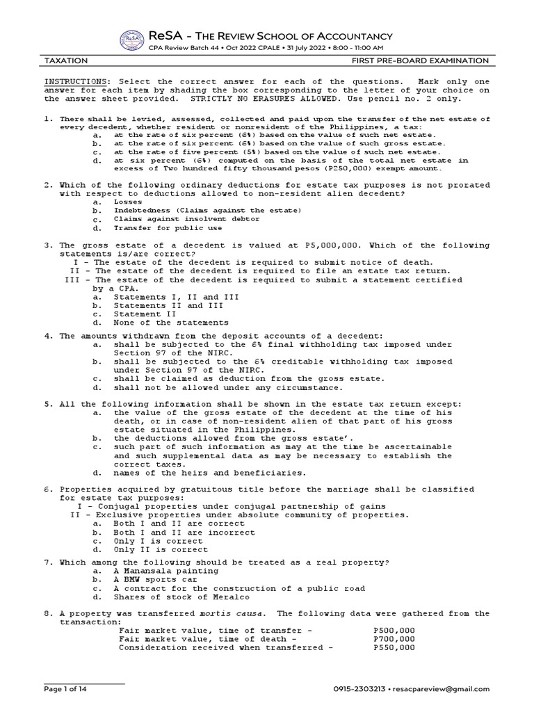 ReSA B44 TAX First PB Exam Questions Answers Solutions | PDF | Value ...