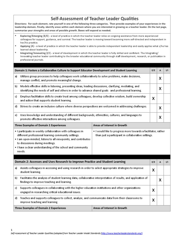 X X X X X: Self-Assessment of Teacher Leader Quali7es | PDF | Learning ...