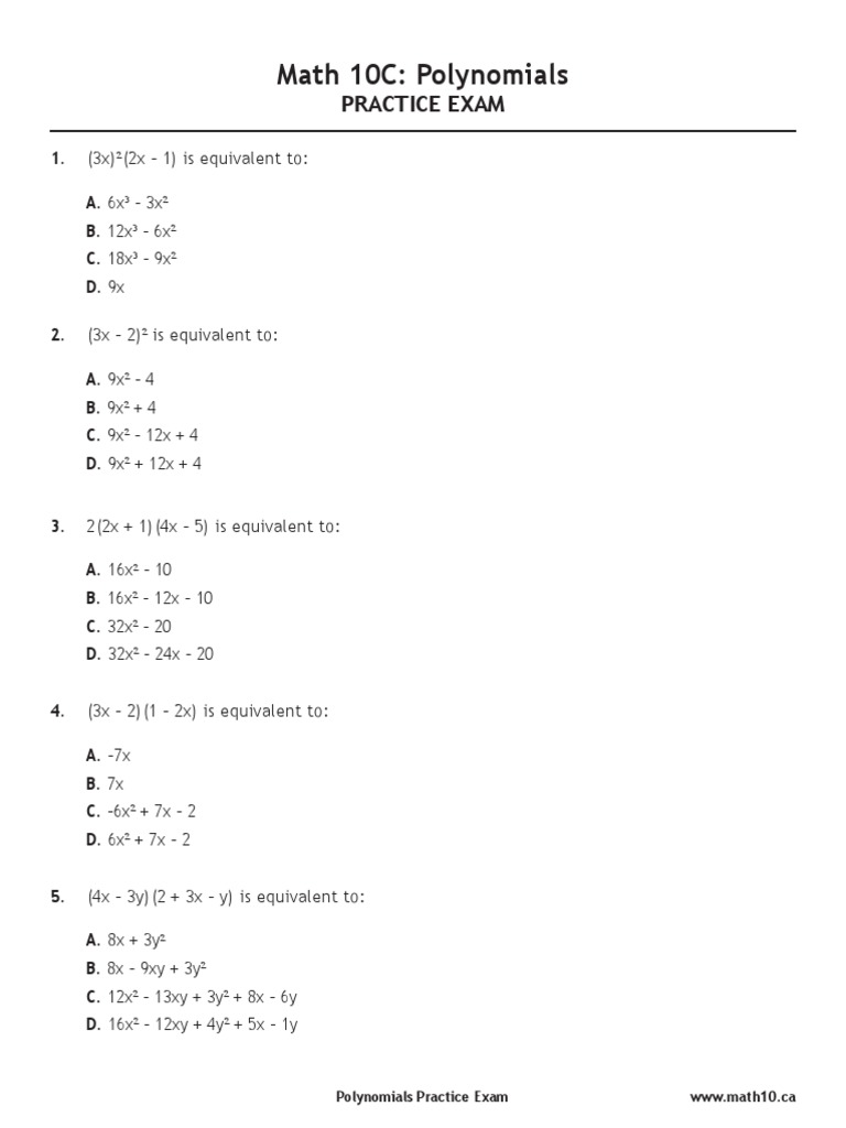 Math 10C Polynomials Practice Exam | PDF | Factorization | Area