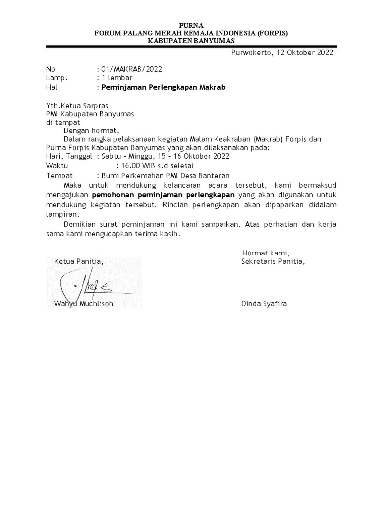 Peminjaman Perlengkapan Makrab FORPIS Banyumas | PDF