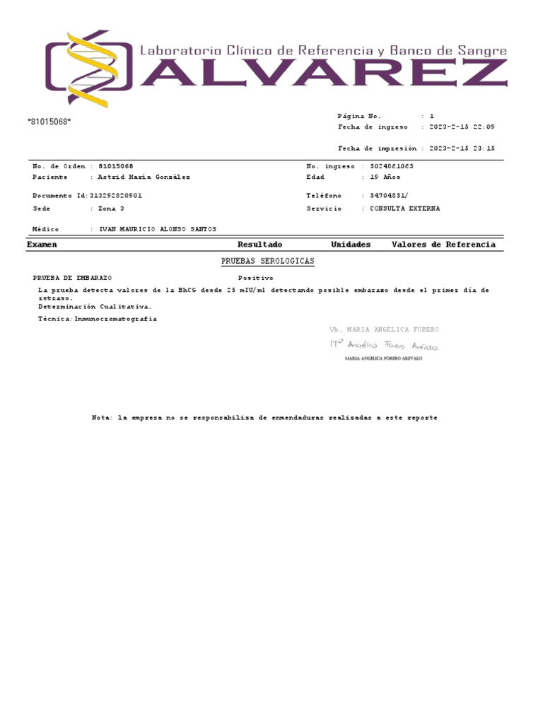 Prueba de Embarazo Laboratorio Alvarez | PDF