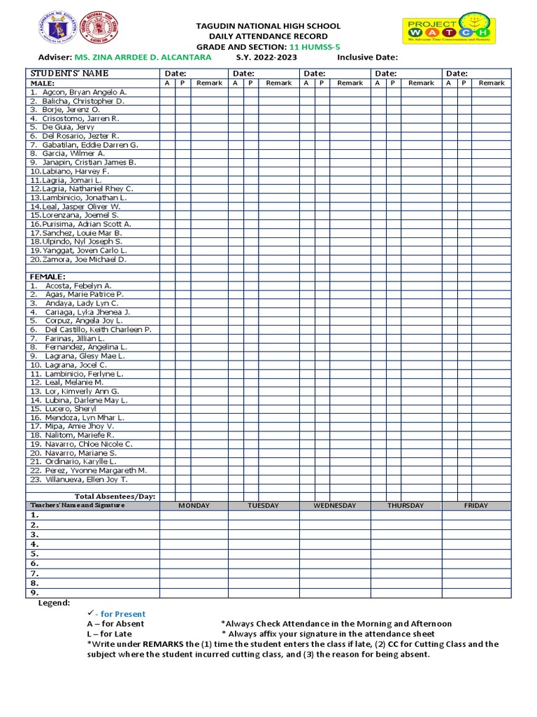 Project Watch Attendance Sheet | PDF