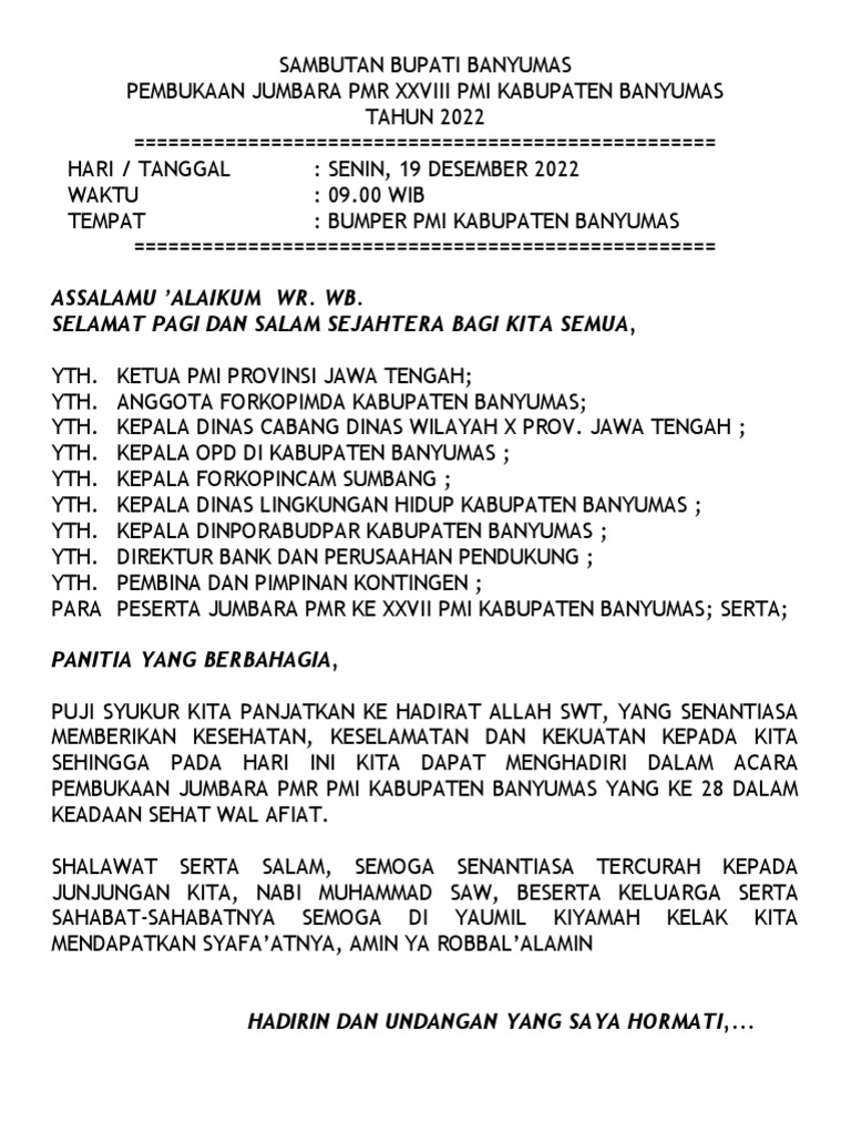 Sambutan Pembukaan Jumbara PMR 2022 | PDF