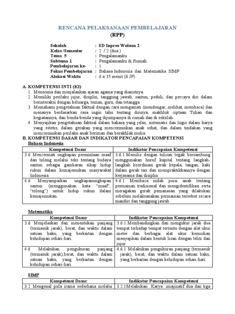 RPP Kelas 2 Tema 5 - Sub Tema 1 | PDF | Seni & Disiplin Bahasa