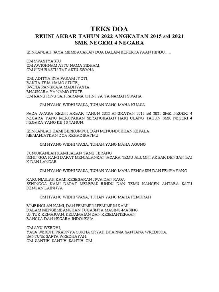 Doa Reuni Akbar SMK Negeri 4 Negara | PDF